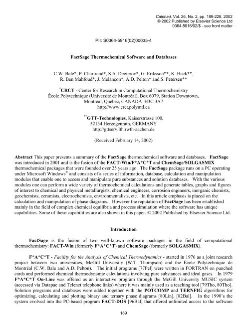 FactSage Thermochemical Software and Databases - CRCT - École ...