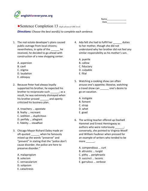 Sentence Completion 13 - English for Everyone