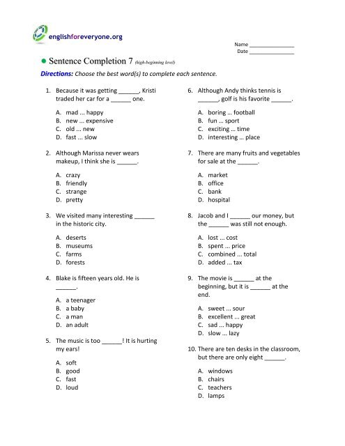 Sentence Completion 7 - English for Everyone