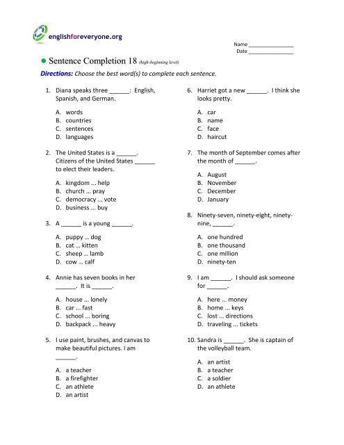 Sentence Completion 18 - English for Everyone