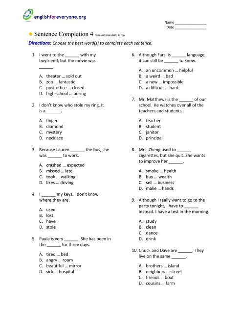 Sentence Completion 4 - English for Everyone