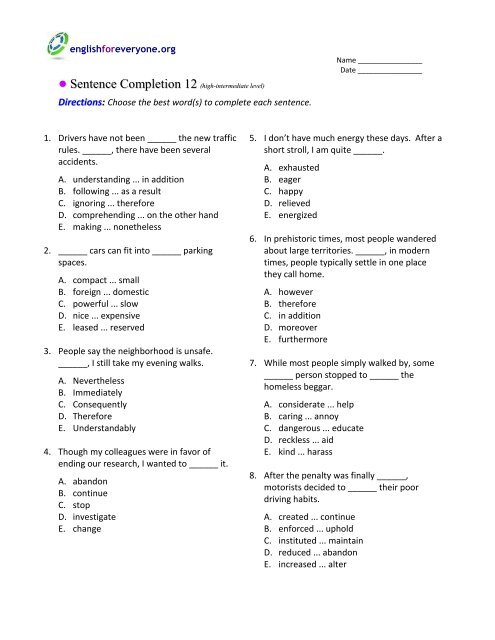 Sentence Completion 12 - English for Everyone