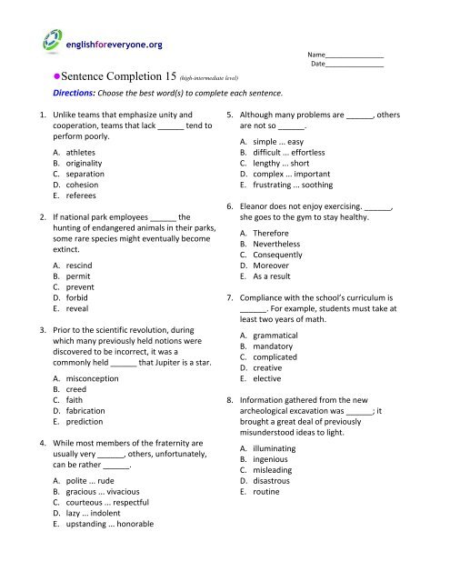 Sentence Completion 15 - English for Everyone