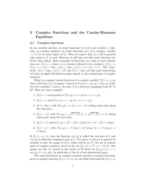 2 Complex Functions and the Cauchy-Riemann Equations