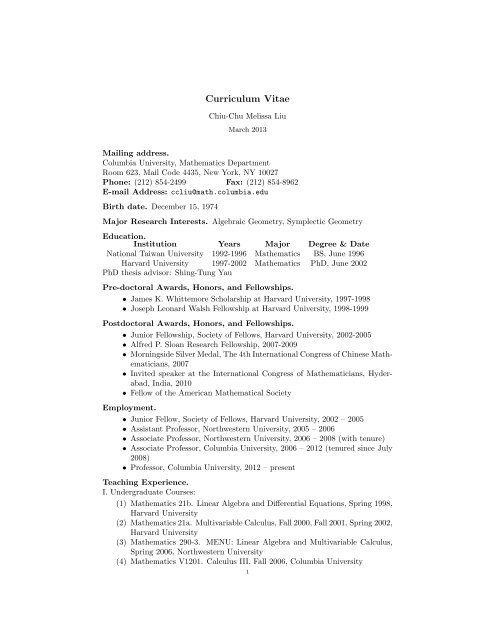 Curriculum Vitae - Department of Mathematics - Columbia University