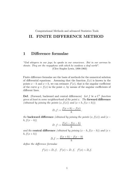 II. FINITE DIFFERENCE METHOD 1 Difference formulae II. FINITE DIFFERENCE METHOD 1 Difference formulae