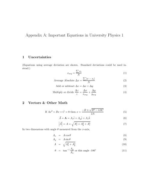 Appendix A: Important Equations in University Physics 1
