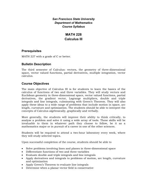 MATH 228 Calculus III - Mathematics - San Francisco State University