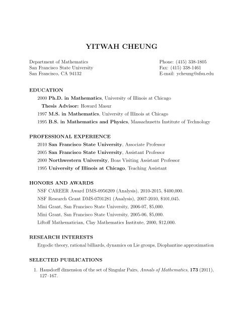 YITWAH CHEUNG - Mathematics - San Francisco State University