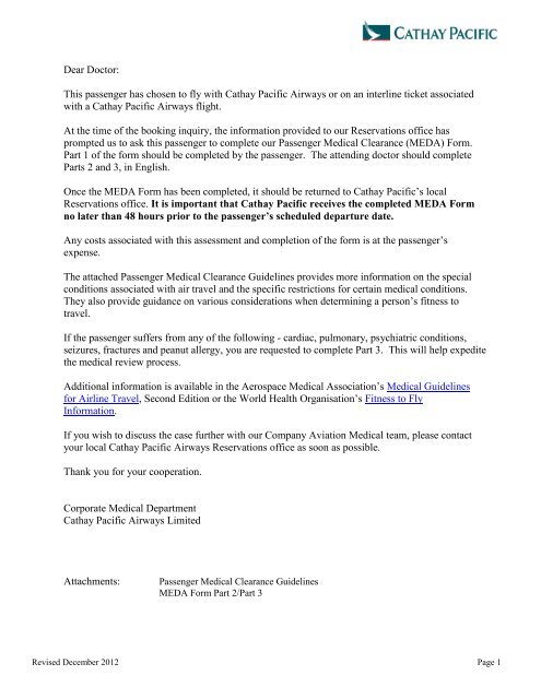 Passenger Medical Clearance Form; Parts 2 and 3 - Cathay Pacific