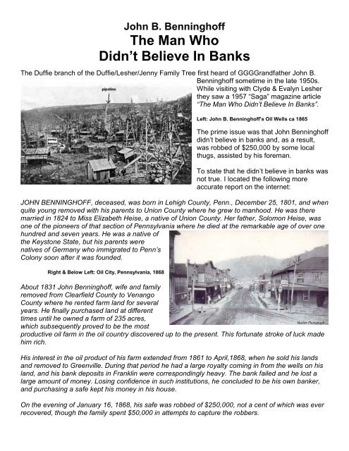 John B. Benninghoff The Man Who Didn't Believe In Banks