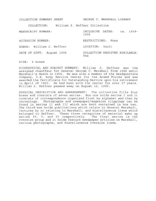 William J. Heffner Collection - The George C. Marshall Foundation
