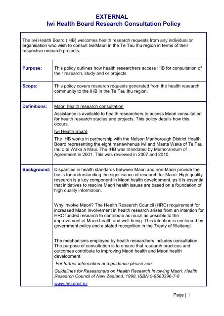 EXTERNAL Iwi Health Board Research Consultation Policy - Nelson ...