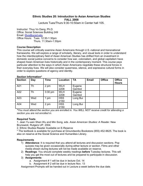 Ethnic Studies 20: Introduction to Asian American Studies FALL ...