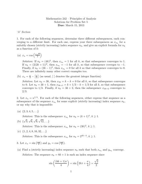 Mathematics 242 – Principles of Analysis Solutions for Problem Set ...