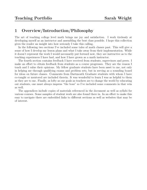 Teaching Portfolio Sarah Wright 1 Overview/Introduction/Philosophy