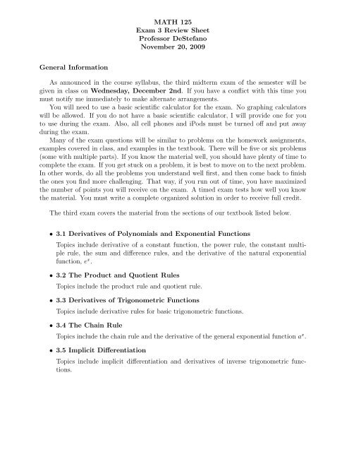 Review Sheet for Exam 3