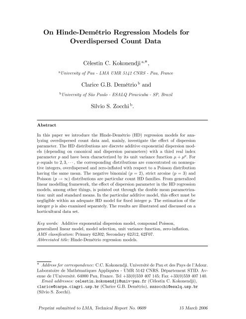 On Hinde Demétrio Regression Models for Overdispersed Count Data