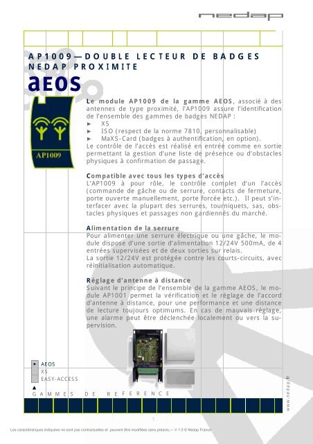 AP1009—DOUBLE LECTEUR DE BADGES ... - Nedap France