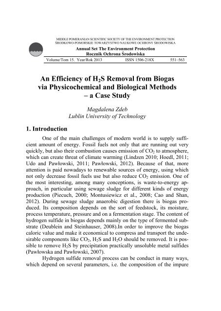 An Efficiency of H2S Removal from Biogas via Physicochemical and ...