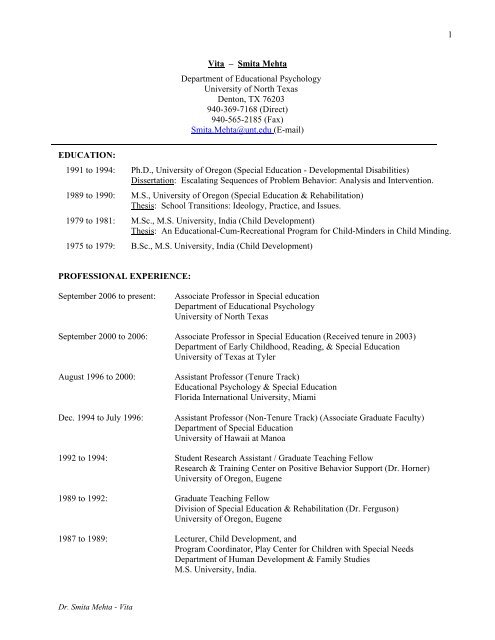 Dr. Smita Mehta (2008) - College of Education Faculty Pages ...