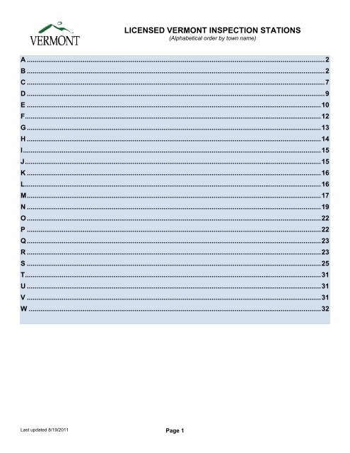 licensed vermont inspection stations - Vermont Department of Motor ...