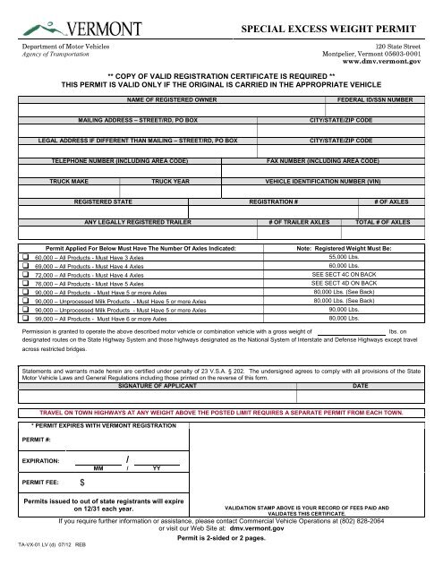 Special Excess Weight Permit - Vermont Department of Motor Vehicles