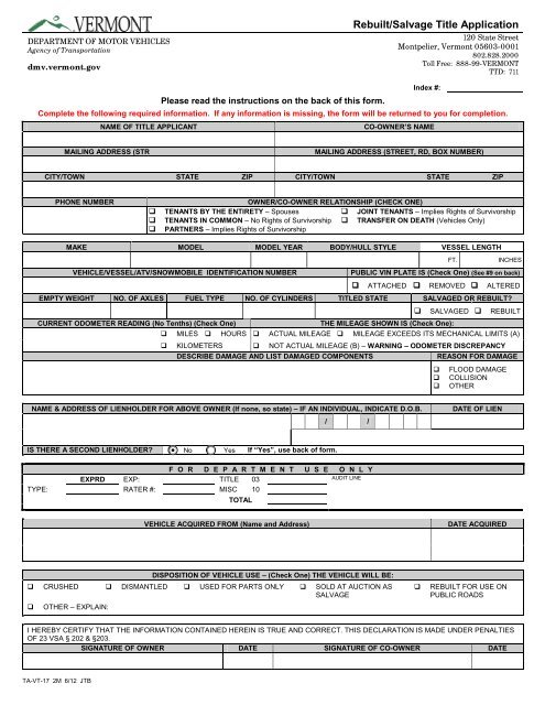 rebuilt/salvage title application - Vermont Department of Motor ...