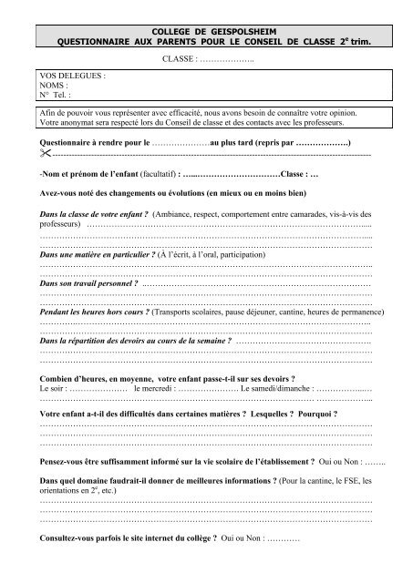 COLLEGE DE GEISPOLSHEIM QUESTIONNAIRE AUX PARENTS ...