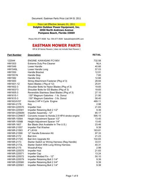 EASTMAN MOWER PARTS