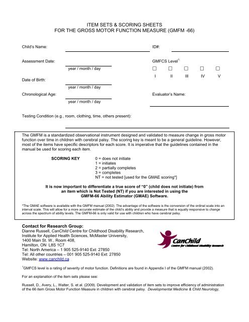 GMFM-Item Set Score Sheets (GMFM-IS) - Motor Growth Measures ...