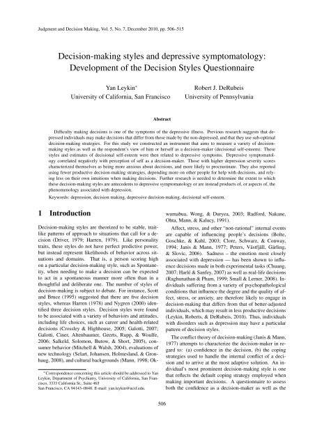 Development of the Decision Styles Questionnaire - Judgment and ...