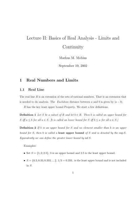 Lecture II: Basics of Real Analysis - Limits and Continuity
