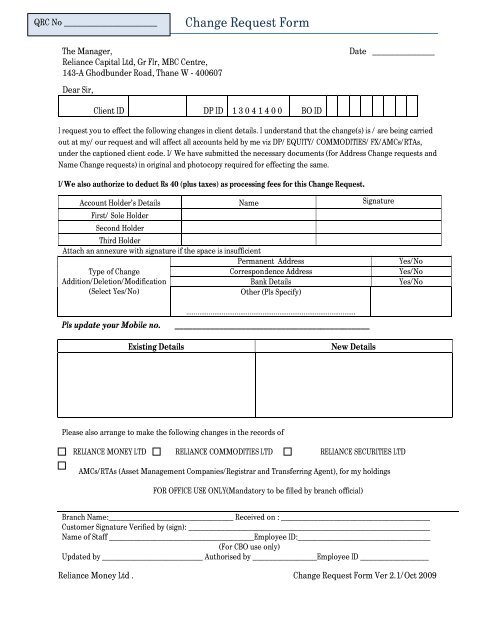 Change Request Form - Reliance Securities