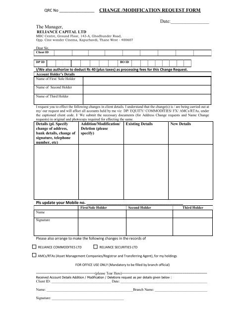 QRC No CHANGE /MODIFICATION REQUEST FORM Date