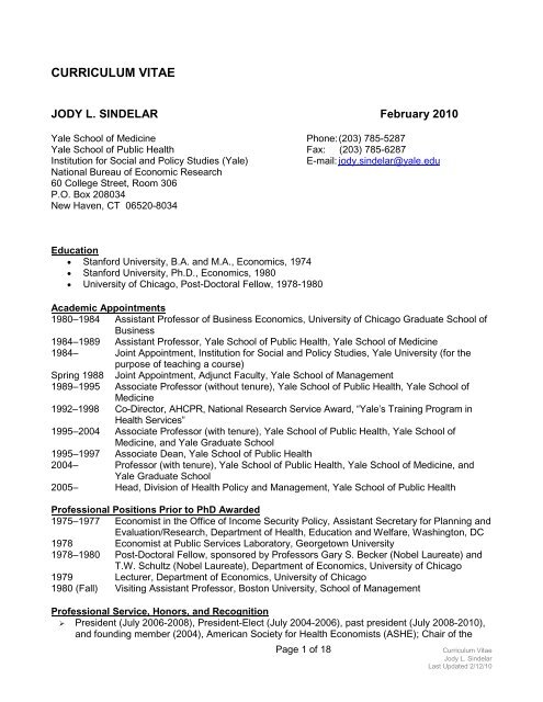 CURRICULUM VITAE Yale School Of Medicine Yale University
