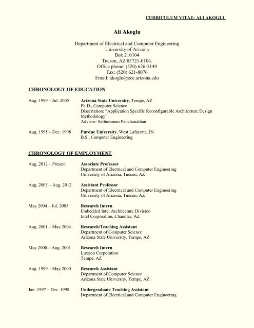 CV, Ali Akoglu - University of Arizona