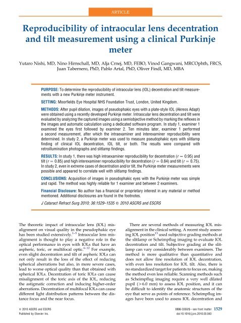 Reproducibility of intraocular lens decentration and tilt measurement ...