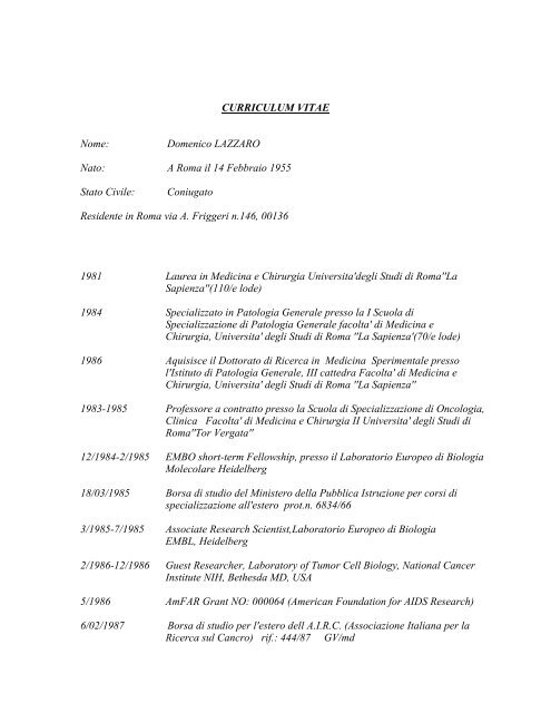 CURRICULUM VITAE Nome: Domenico LAZZARO Nato: A Roma il ...