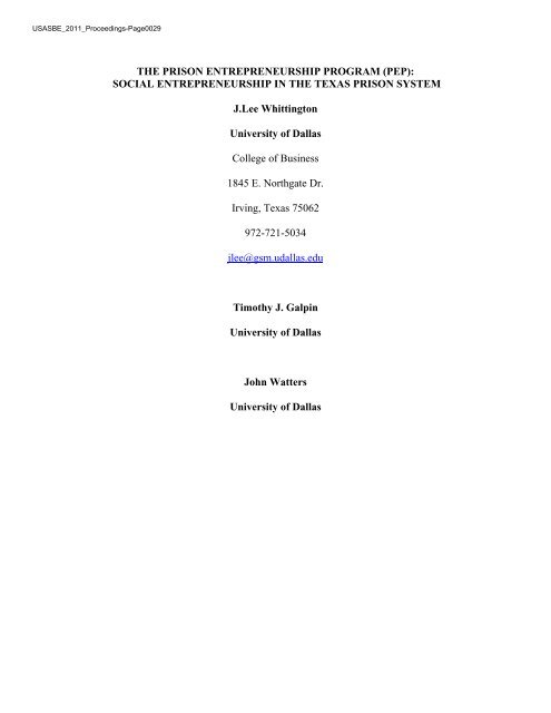 THE PRISON ENTREPRENEURSHIP PROGRAM (PEP): SOCIAL ...