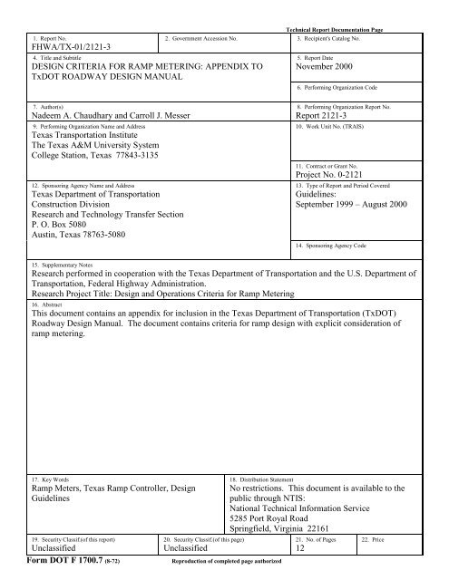 Design Criteria for Ramp Metering: Appendix to TxDOT Roadway ...