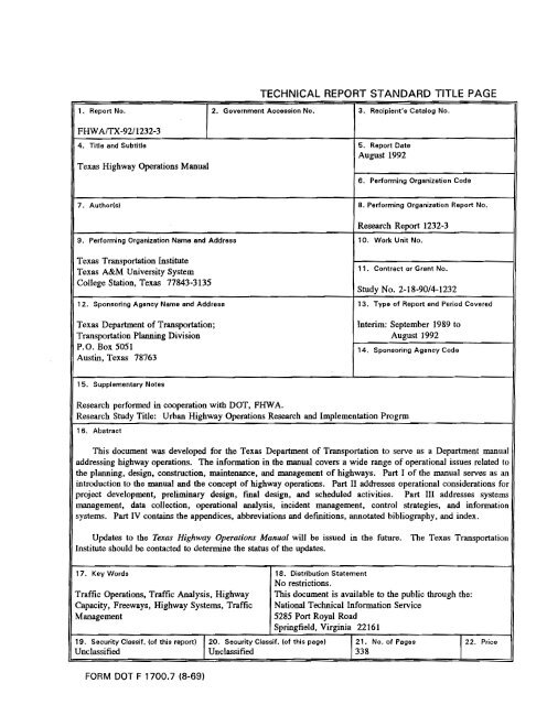 TECHNICAL REPORT STANDARD TITLE PAGE