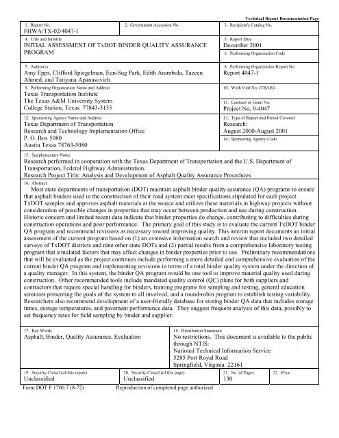 Initial Assessment of TxDOT Binder Quality Assurance Program