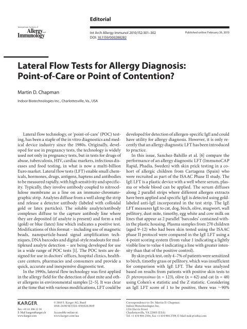Lateral Flow Tests for Allergy Diagnosis - Indoor Biotechnologies