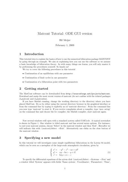 Matcont Tutorial Ode Gui Version 5633