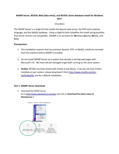 WAMP Server, REVEAL Web (data entry), and REVEAL Demo ...