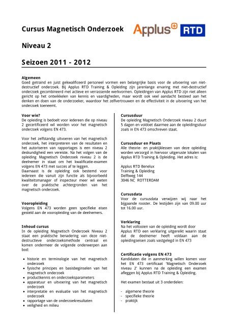 Cursus Magnetisch Onderzoek Niveau 2 Seizoen 2011 - Applus RTD