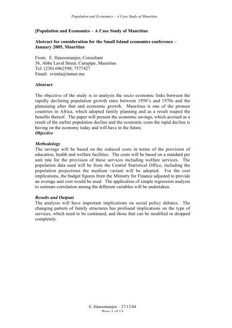 Population and Economics – A Case Study of Mauritius Abstract for ...