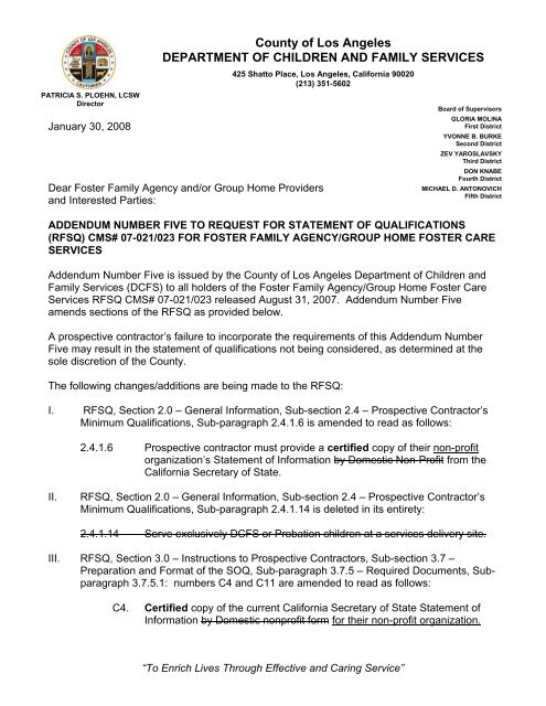 Addendum Five - Los Angeles County Department of Children and ...