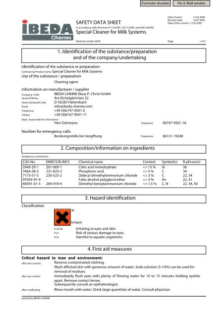 SAFETY DATA SHEET Special Cleaner for Milk Systems 1 ...